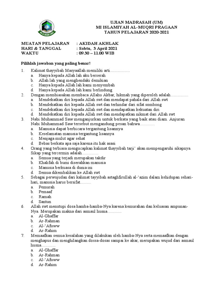 Soal Ujian Akidah Akhlak MI 2021 | PDF