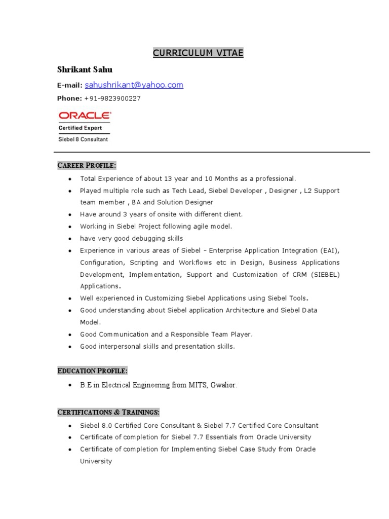 Shrikant Sahu: Curriculum Vitae | PDF | Customer Relationship Management | Oracle Corporation