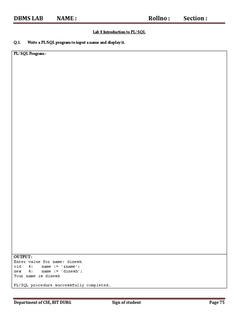 Dbms Lab Name: Rollno: Section | PDF | Sql | Information Retrieval