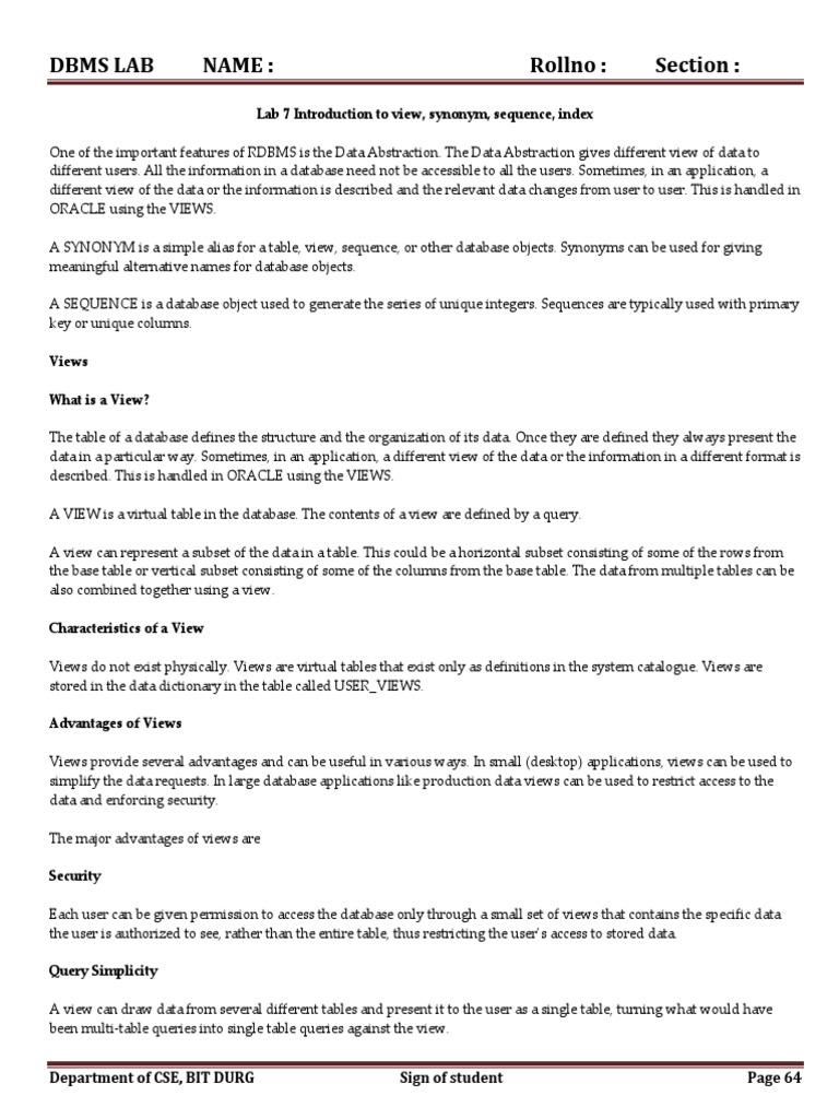 Dbms Lab Name: Rollno: Section | PDF | Relational Database | Databases