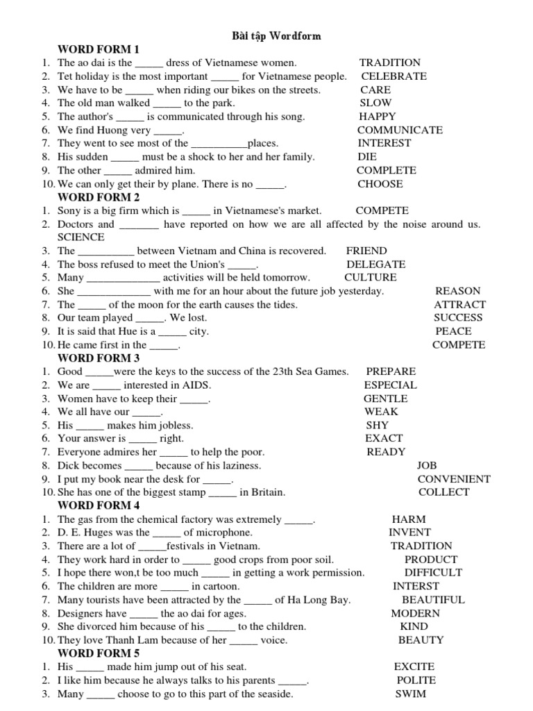 Bai Tap Word Form Lop 9 | PDF | Hue