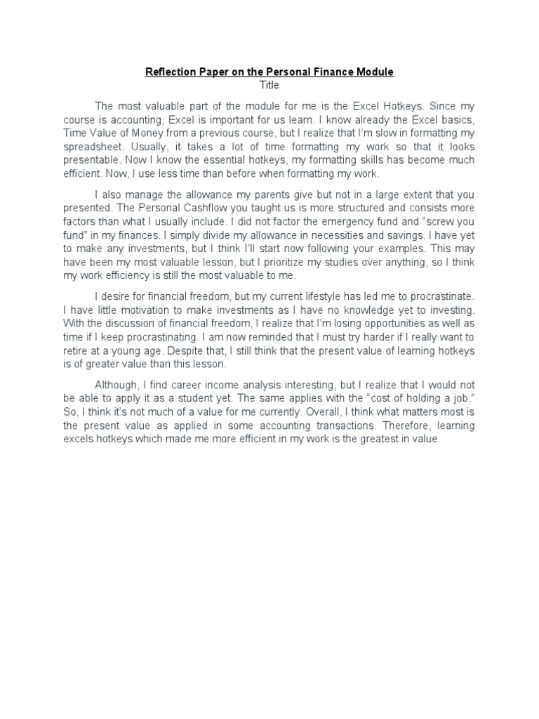 Reflection Paper On The Personal Finance Module | PDF
