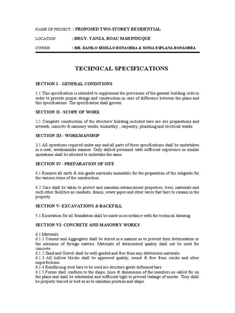 Technical Specifications: Name of Project Location Owner | PDF ...