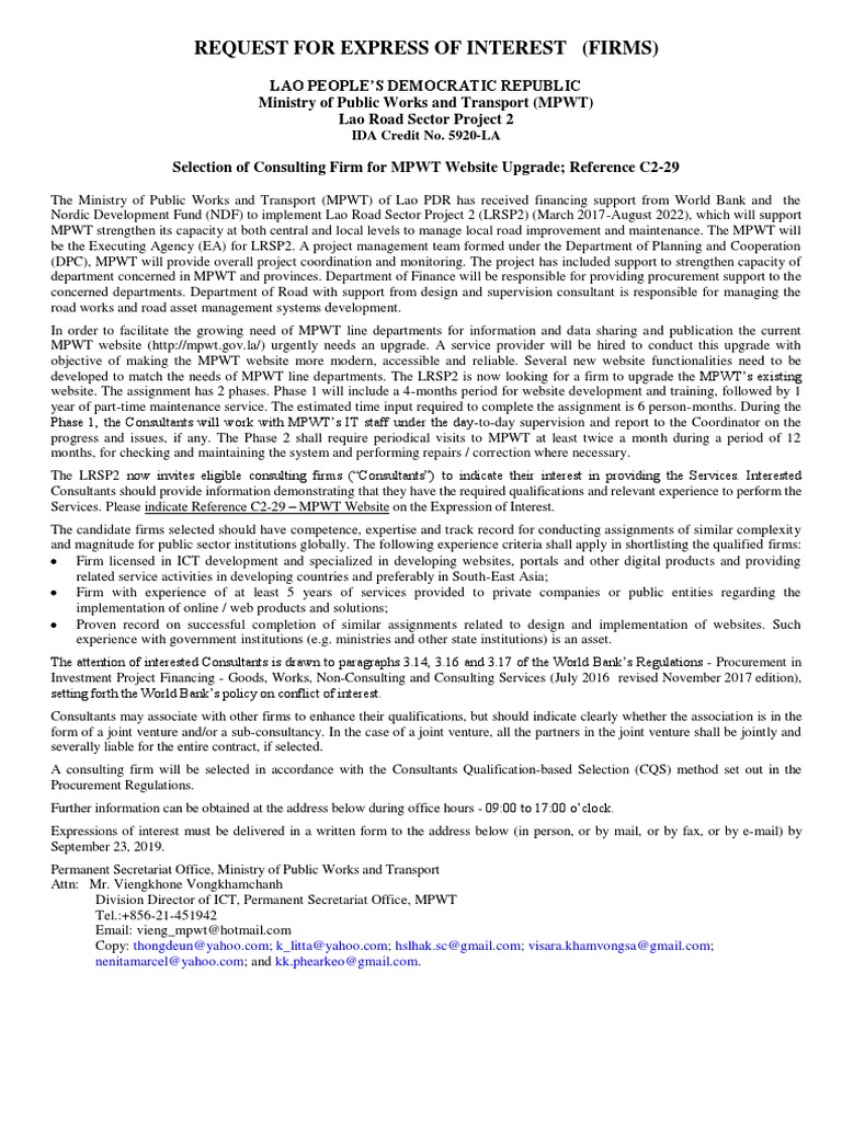 Reoi - MPWT Website - Cqs | PDF | Consultant | World Bank