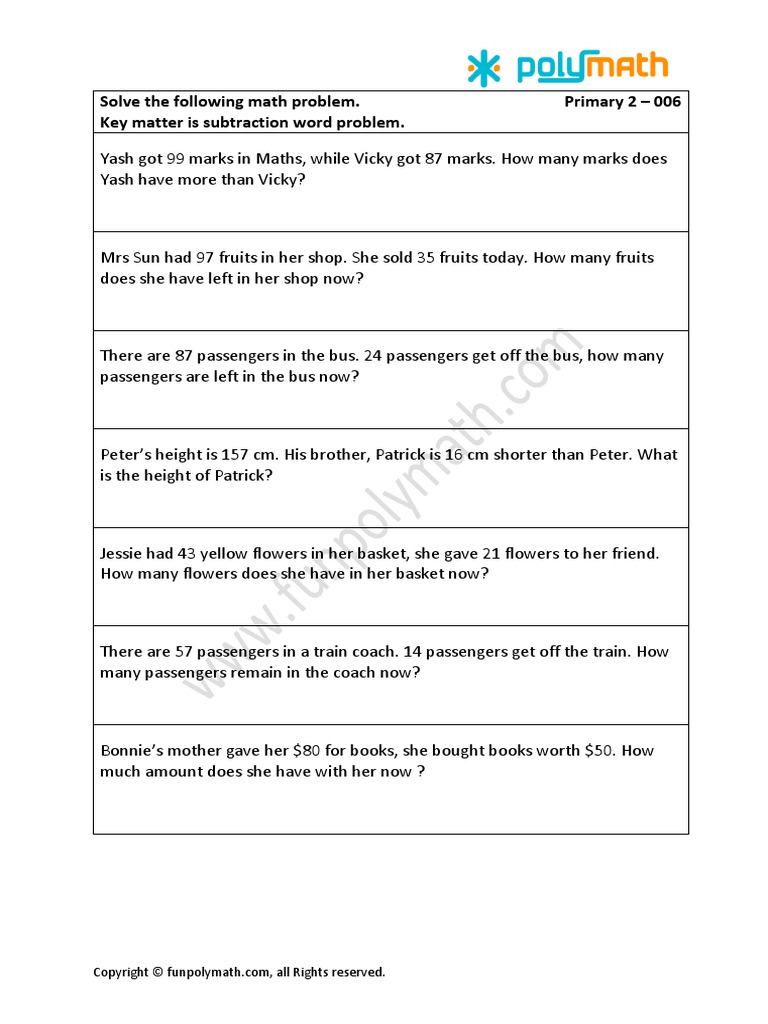 Maths Worksheet Year 2 Word Problem A PDF