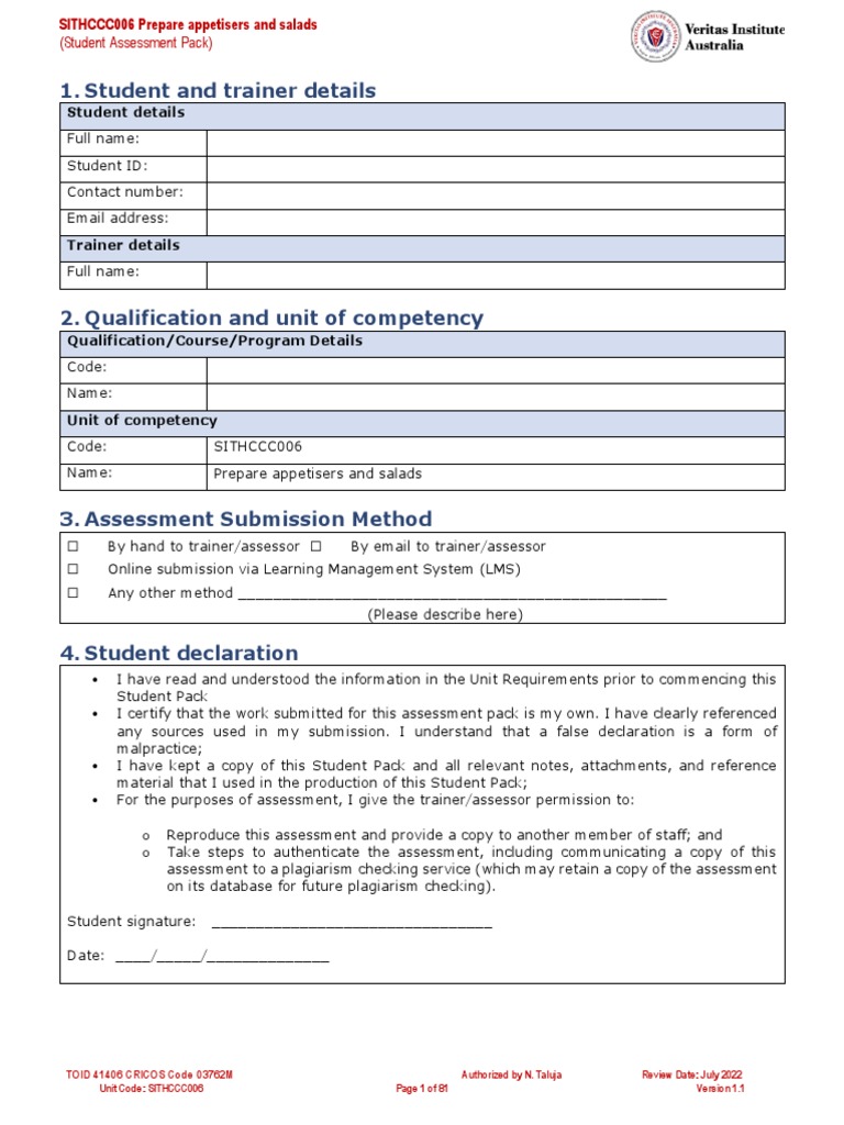SITHCCC006 Assessment Pack: Appetisers | PDF | Cooking | Salad