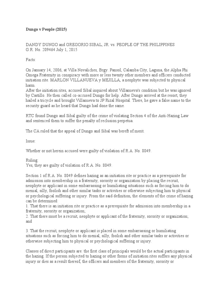 Dungo v. People G.R. No. 209464 | PDF | Fraternities And Sororities ...