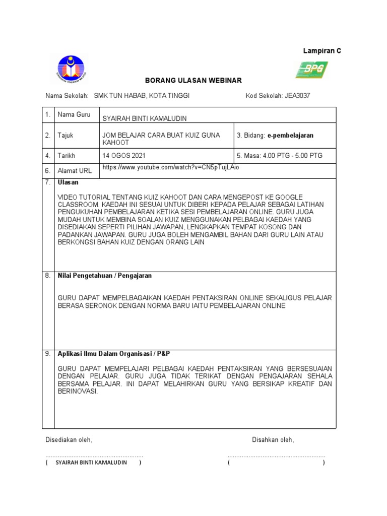 Borang Ulasan Webinar SPLKPM 1 | PDF