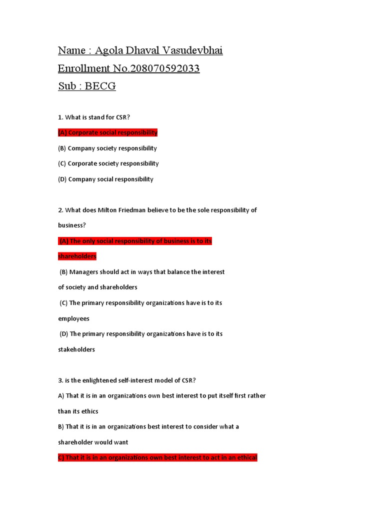 Becg MCQ | PDF | Corporate Social Responsibility | Corporate Governance