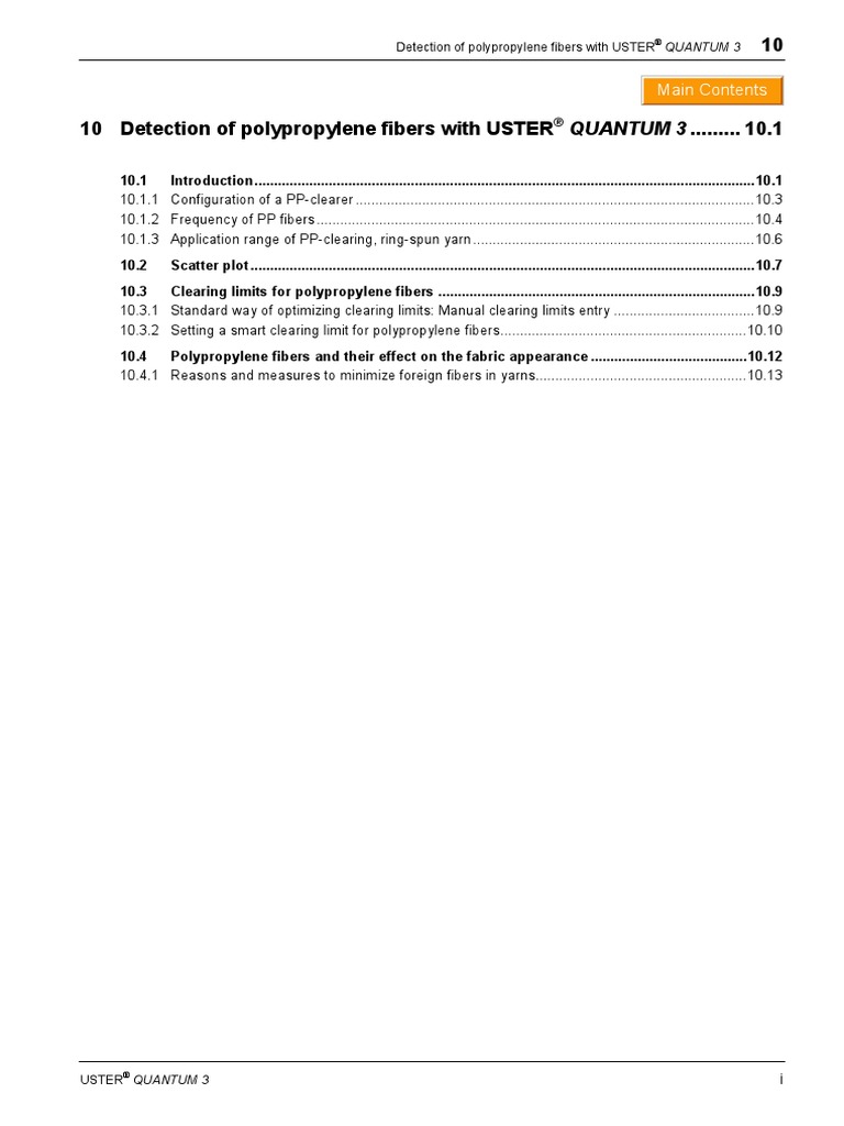 Main Contents: Detection of Polypropylene Fibers With USTER Quantum 3 | PDF | Yarn | Spinning ...