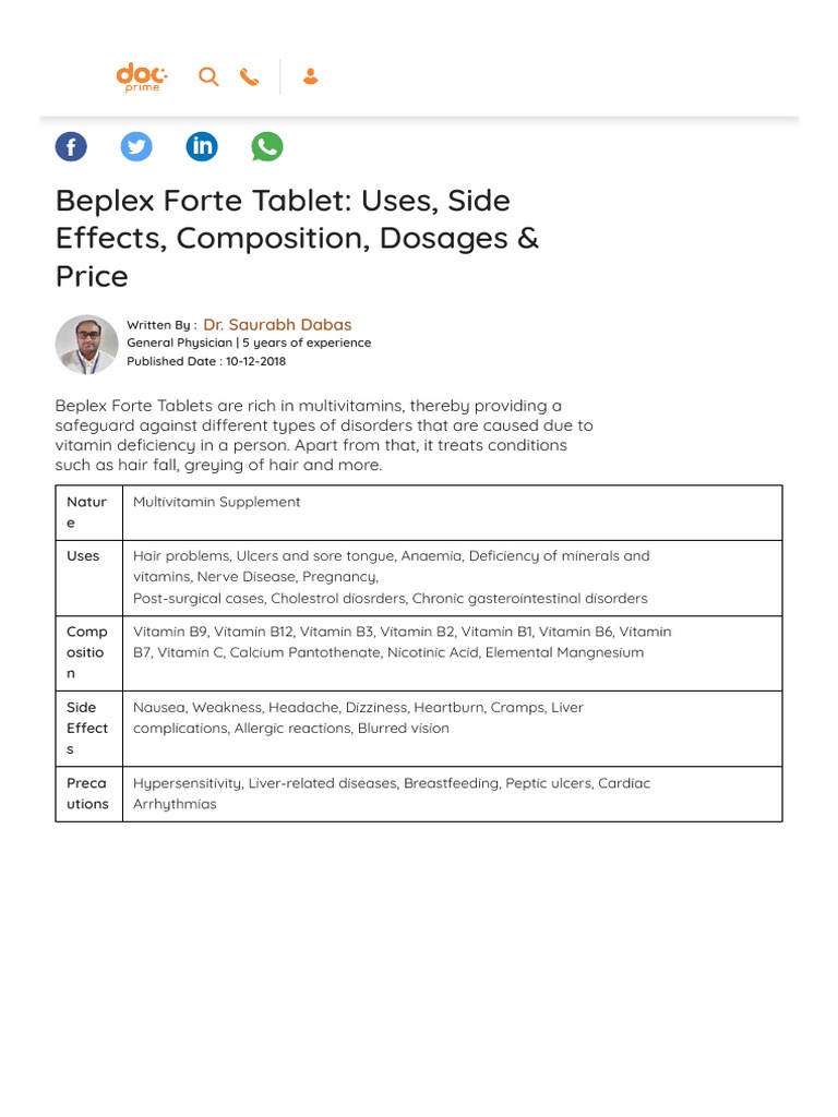 Beplex Forte Tablet - Uses, Side Effects, Composition, Price & Dosages ...