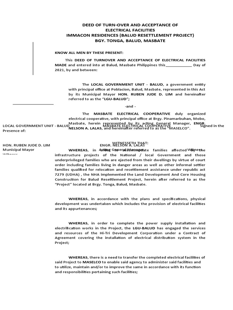 Deed of Turn-Over and Acceptance of Electrical Facilities Immacon ...