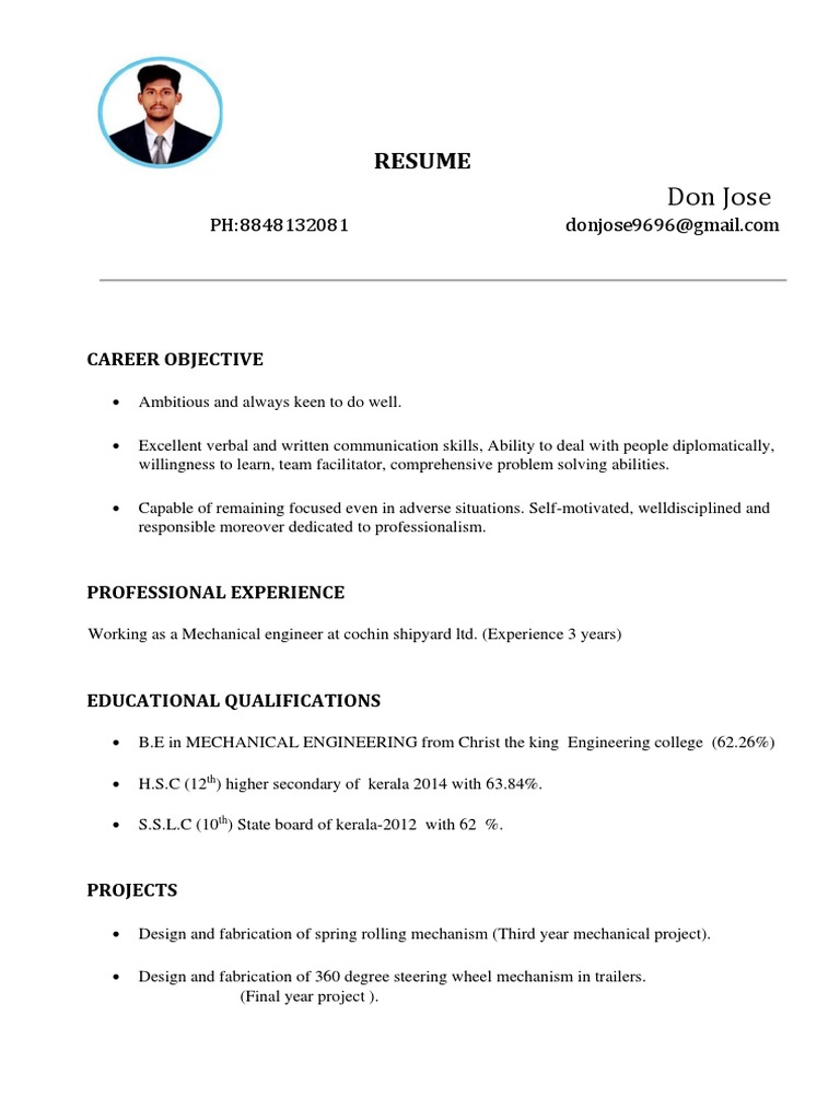 Don Jose Resume | PDF | Mechanical Engineering