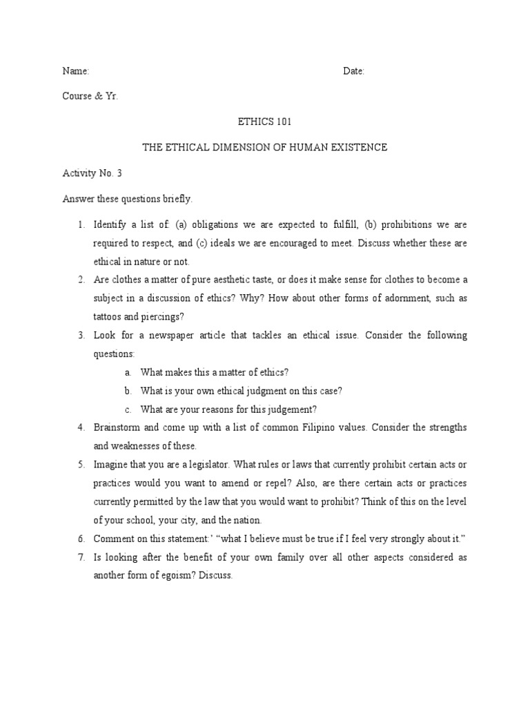 A ETHICS-101 Activity-3 | PDF | Aesthetics | Reason