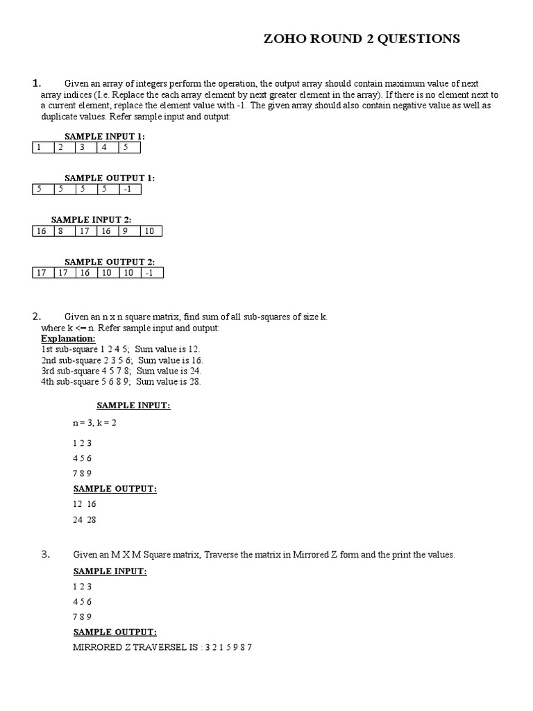 Zoho Round 2 Questions: Sample Input 1 | PDF | Matrix (Mathematics) | String (Computer Science)