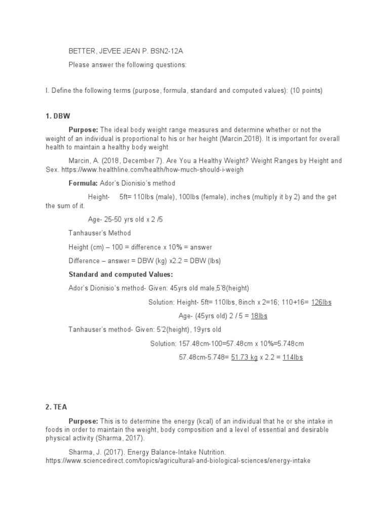 DBW Purpose: The Ideal Body Weight Range Measures and Determine Whether ...