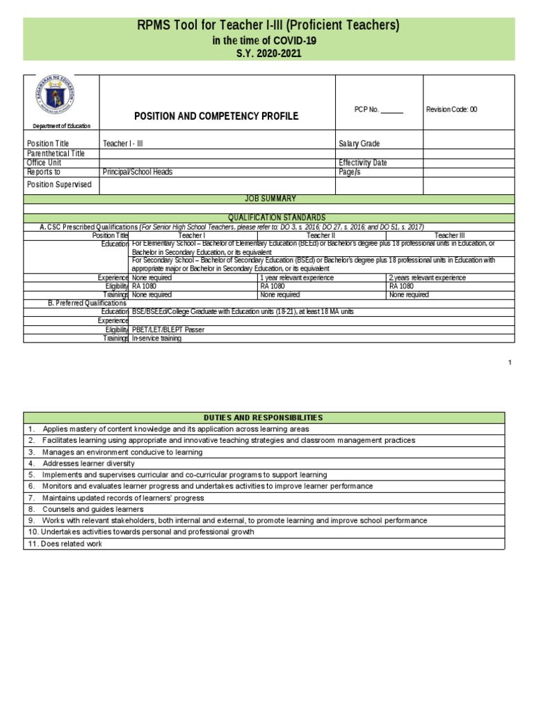 REVISED RPMS Tool For T I III SY 2020 2021 in The Time of COVID 19 ...