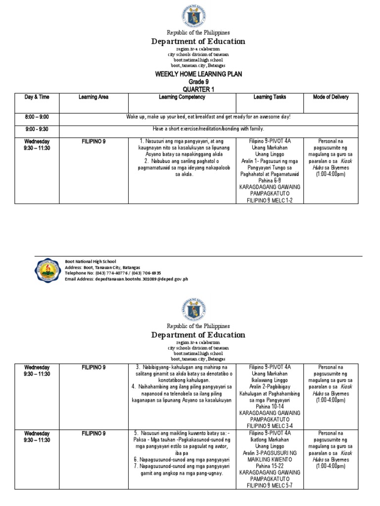 Weekly Home Learning Plan FILIPINO 9 | PDF