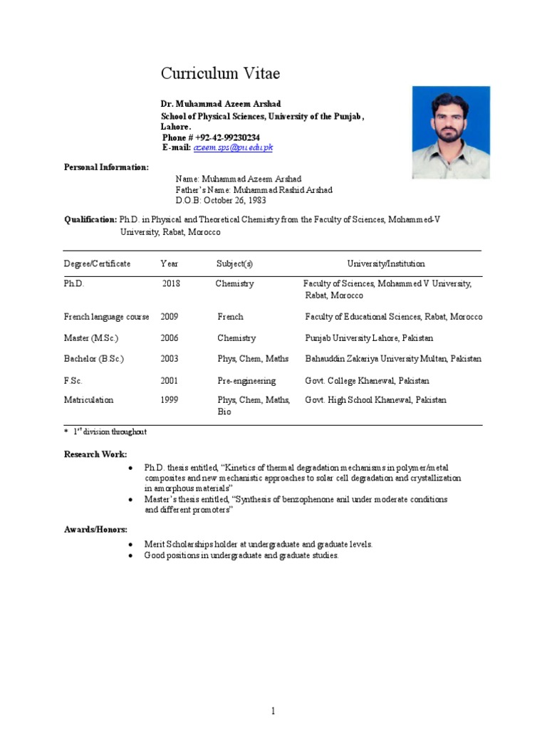 Dr. Muhammad Azeem Arshad's Curriculum Vitae: An Expert in Physical and Theoretical Chemistry ...