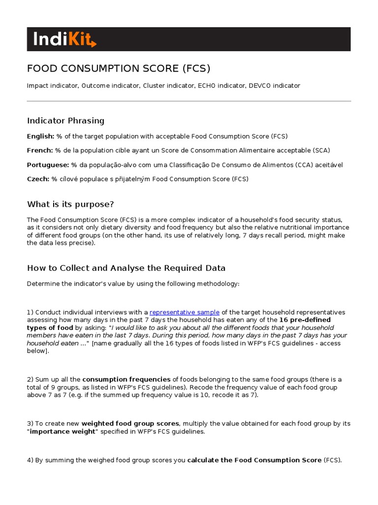 Food Consumption Score (FCS) : Indicator Phrasing | PDF | Foods | Food ...