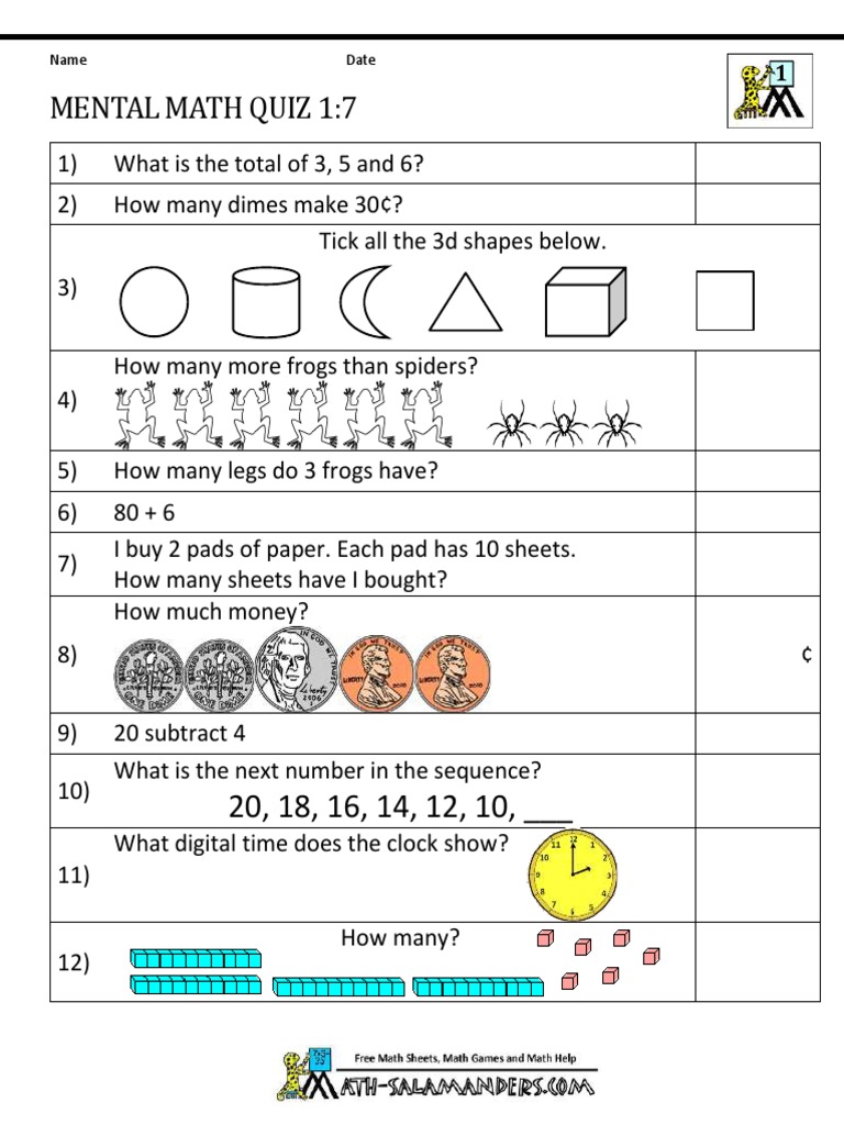 Mental Math 1st Grade 7 | PDF