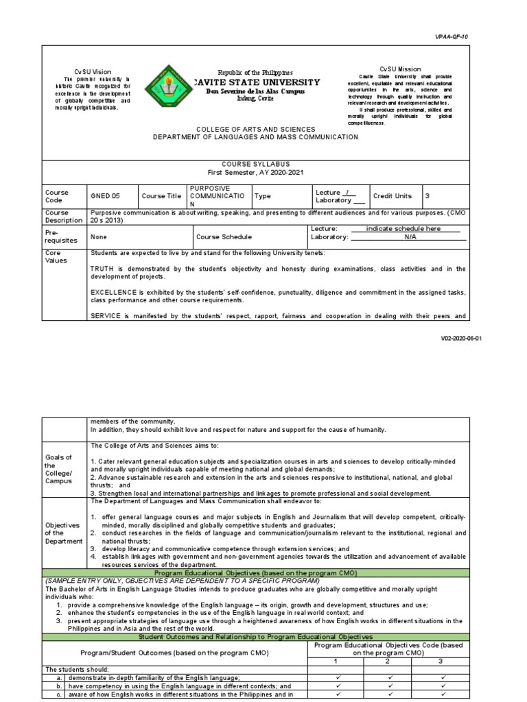 Purposive Communication Course Syllabus | PDF | Cross Cultural ...