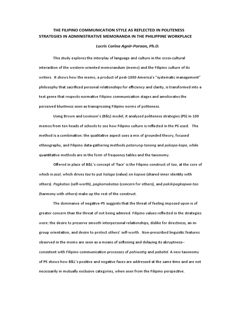 Abstract Filipino Communication Style in Politeness Strategies | PDF ...