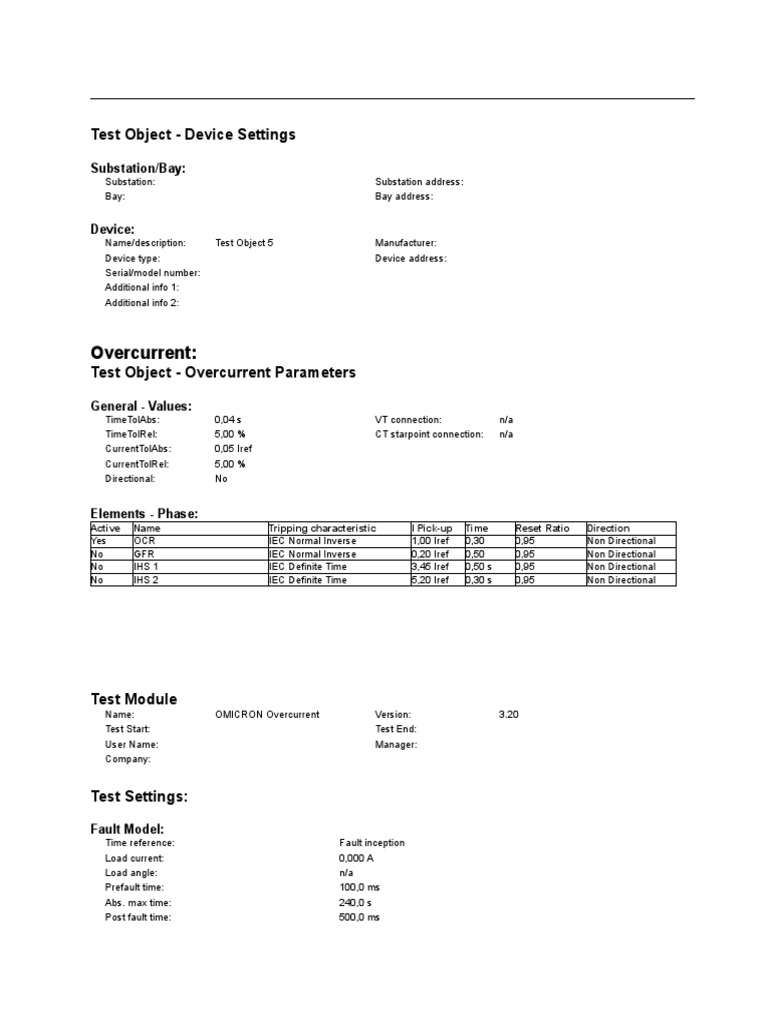 Overcurrent:: Test Object - Device Settings | PDF | Electrical ...