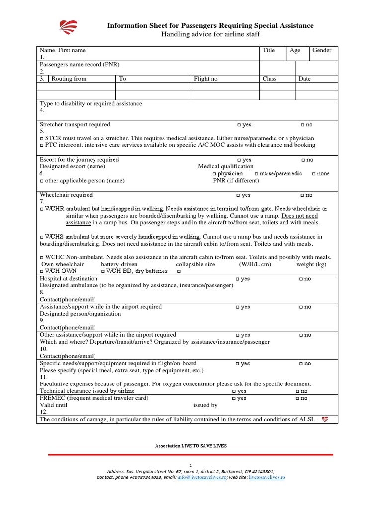 Information Sheet For Passengers Requiring Special Assistance ...