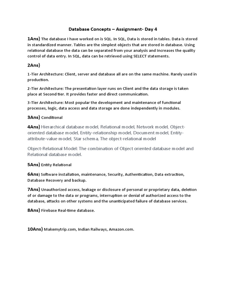 Database Concepts - Assignment-Day 4 1ans) | PDF | Databases ...