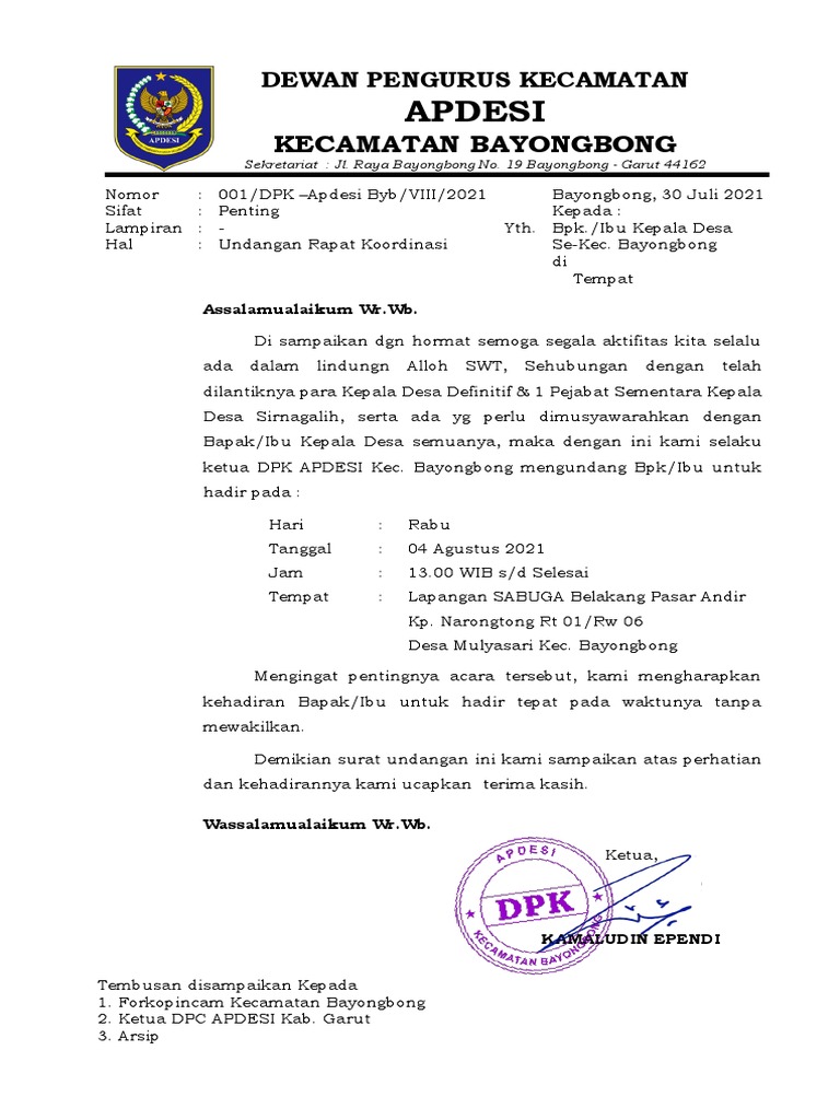 Undangan Rapat Koordinasi APDESI | PDF