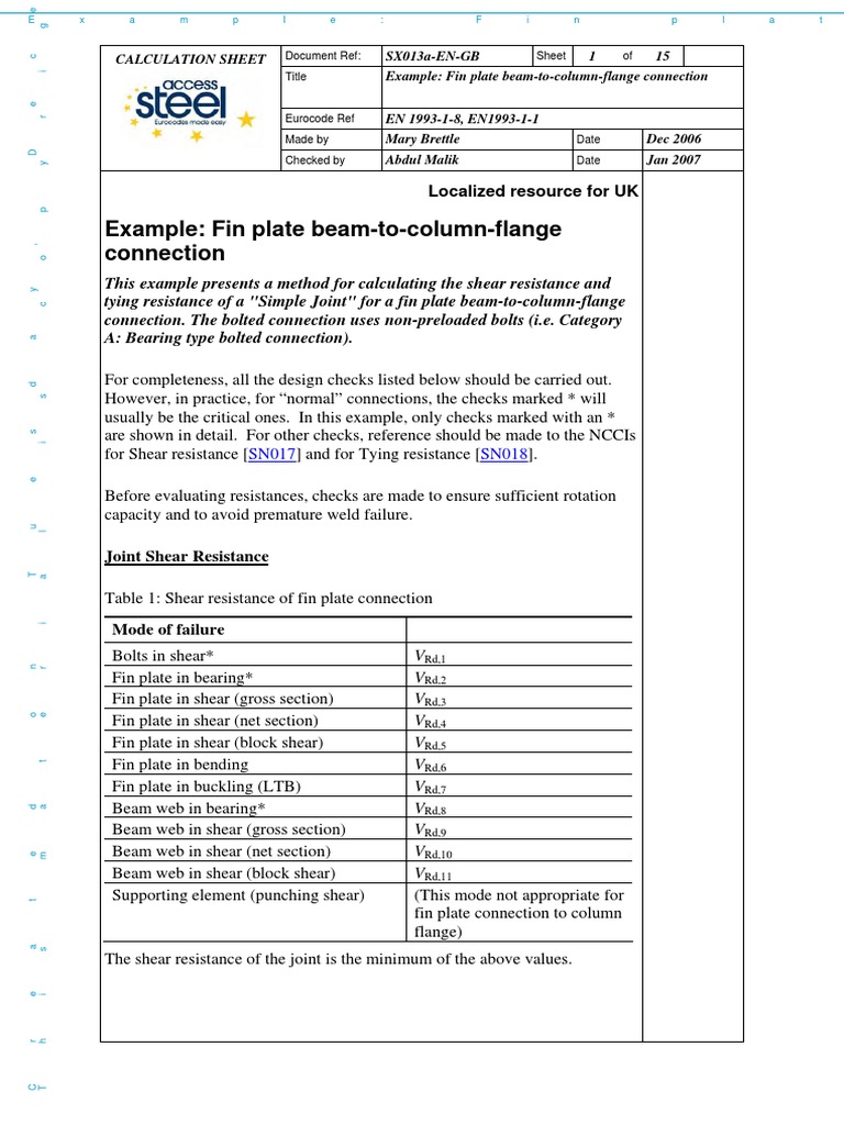 Fin Plate Connection | PDF | Strength Of Materials | Screw