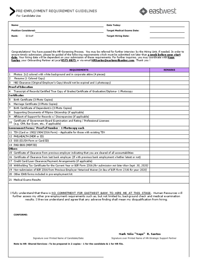 Staff - Pre-Employment List of Requirement Guidelines | PDF | Business ...