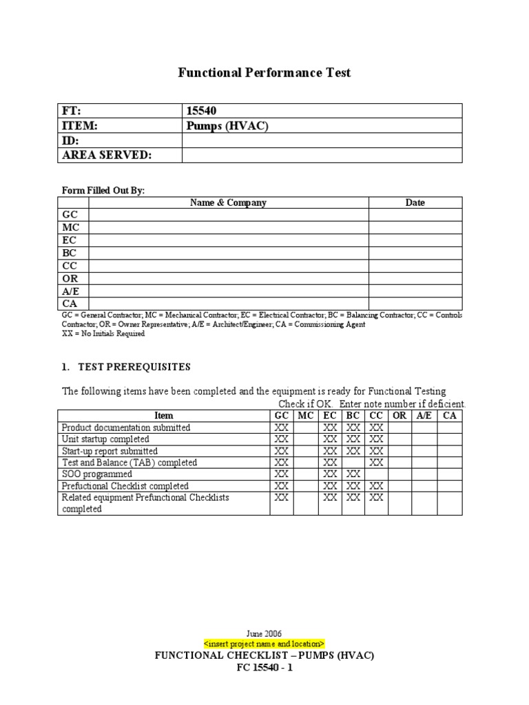 Functional Performance Test: FT: 15540 Item: Pumps (HVAC) ID: Area ...