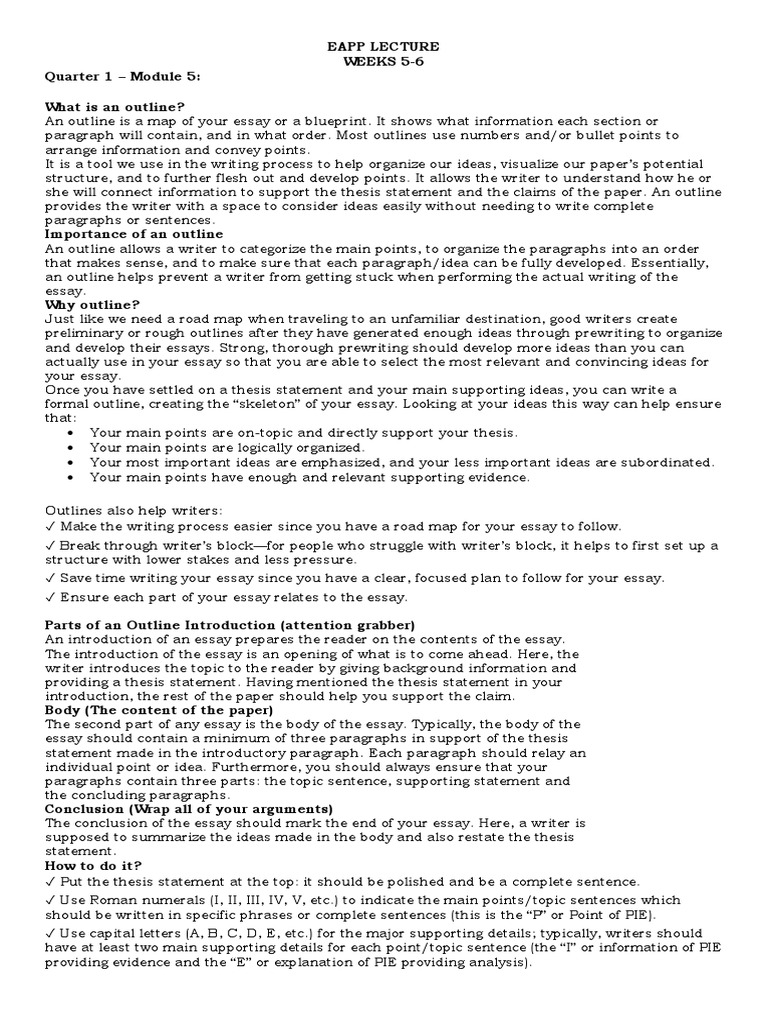 Eapp Lecture WEEKS 5-6 Quarter 1 - Module 5: What Is An Outline? | PDF ...