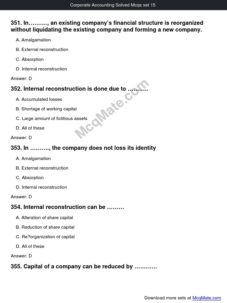 Corporate Accounting Solved Mcqs Set 15 | PDF | Banks | Consolidation ... Corporate Accounting Solved Mcqs Set 15 | PDF | Banks | Consolidation ...