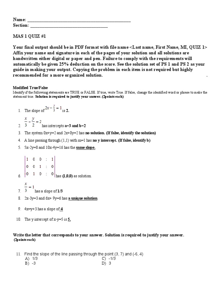Linear Equations and Inequalities Quiz | PDF | Equations | Algebra