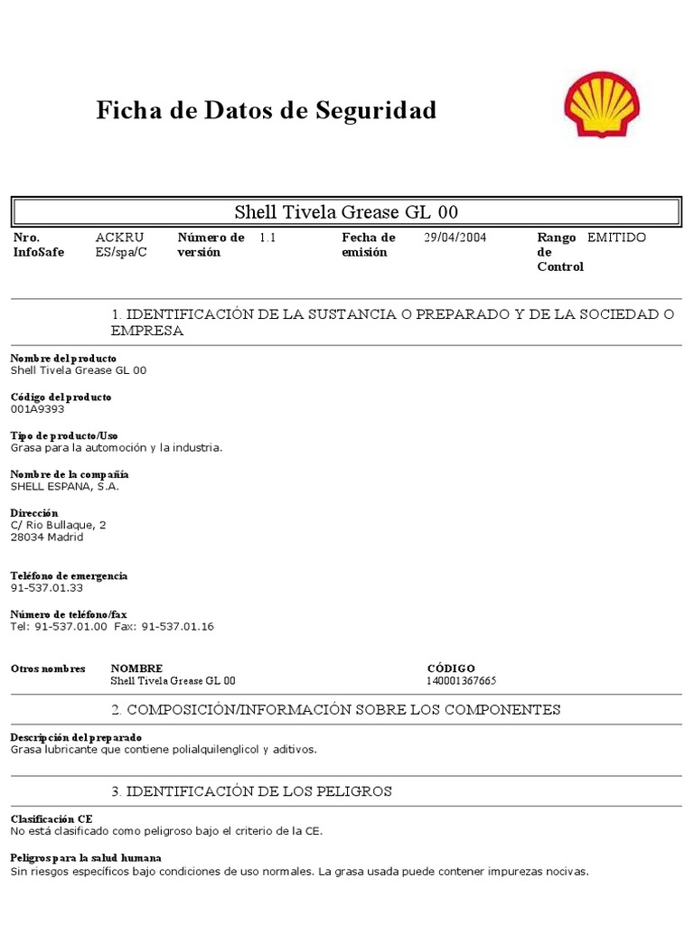 A-09 Grasa Shell Tivela GL 00 (Shell) | PDF | Residuos | Agua