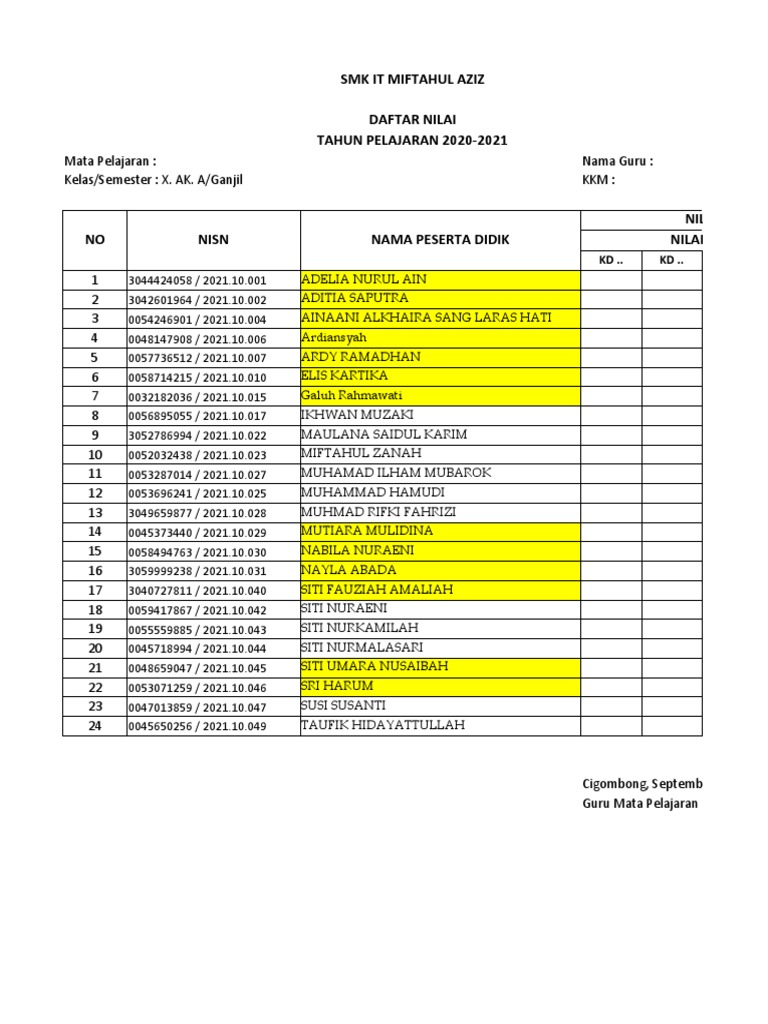 Format Nilai PTS 2020-2021 | PDF