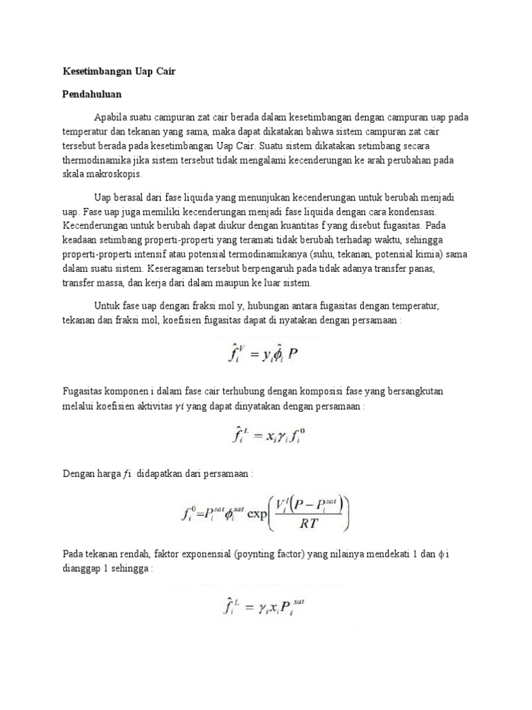 Kesetimbangan Uap Cair Dan Persamaannya | PDF