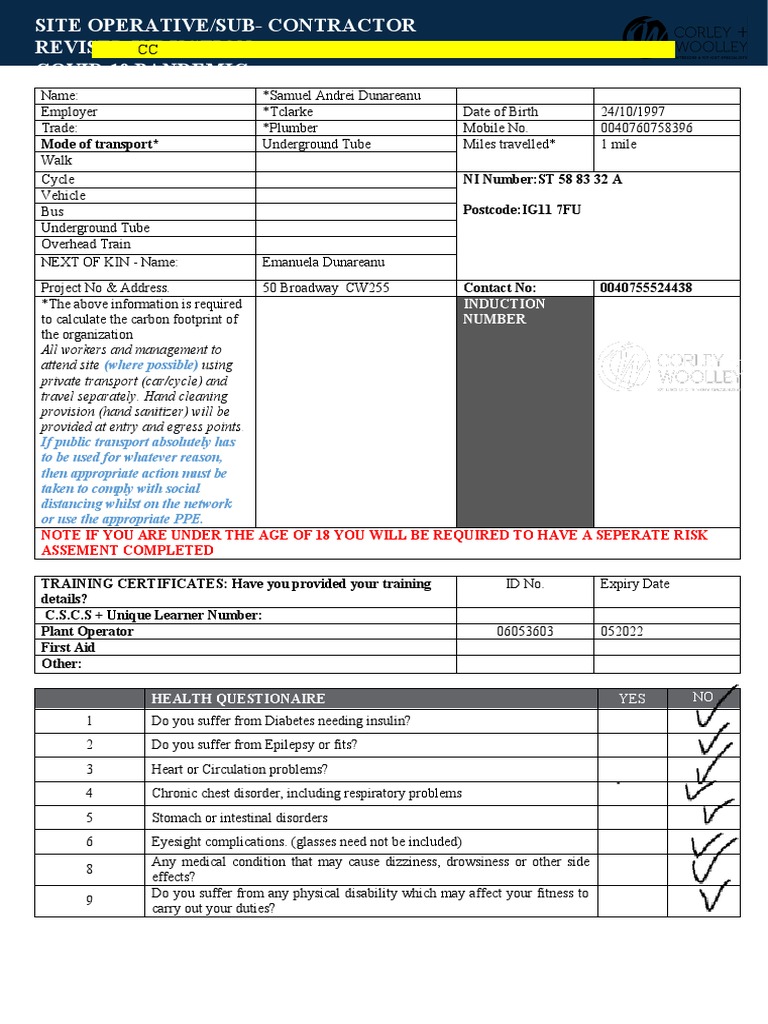 CW255 - Site Induction Form Copie | PDF | Hygiene | First Aid