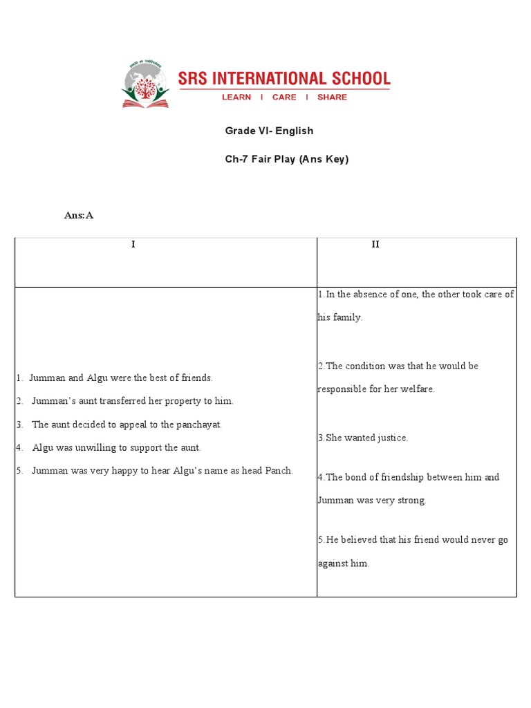 Grade VI-English Ch-7 Fair Play (Ans Key) | PDF