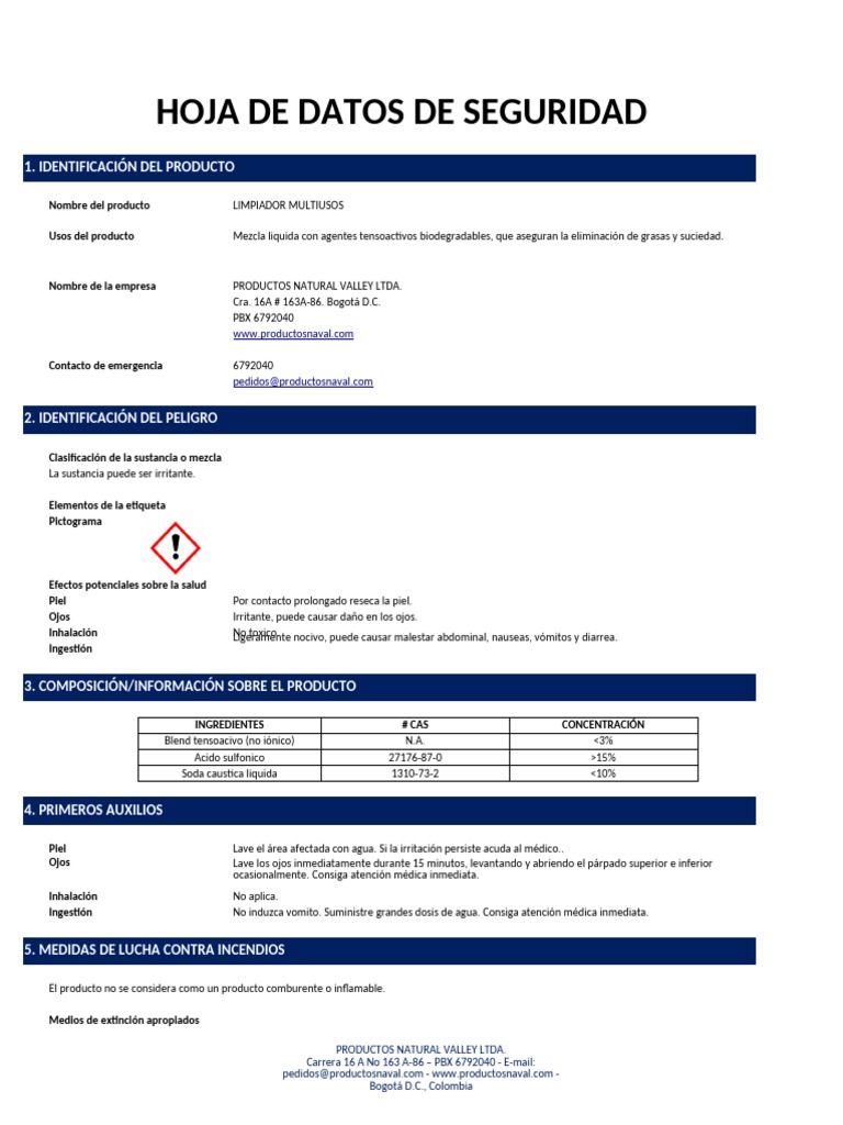 Hoja de Seguridad Limpiador Multiusos | PDF | Agua | Toxicidad