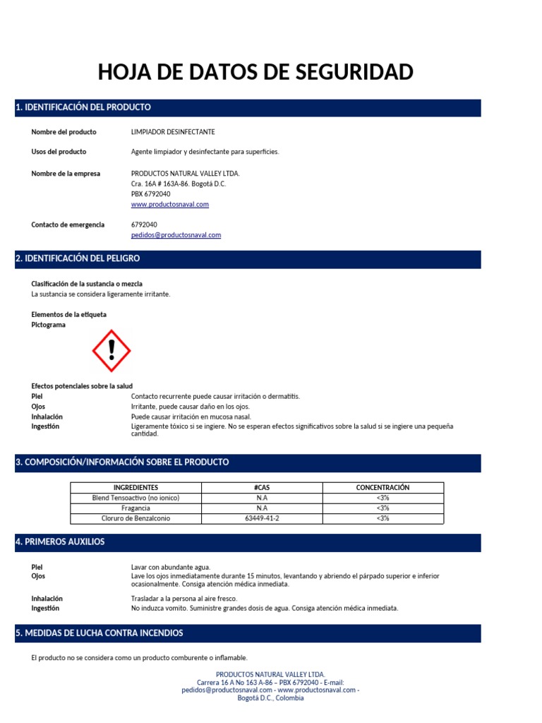 Hoja de Seguridad Limpiador Desinfectante | PDF | Agua | Toxicidad