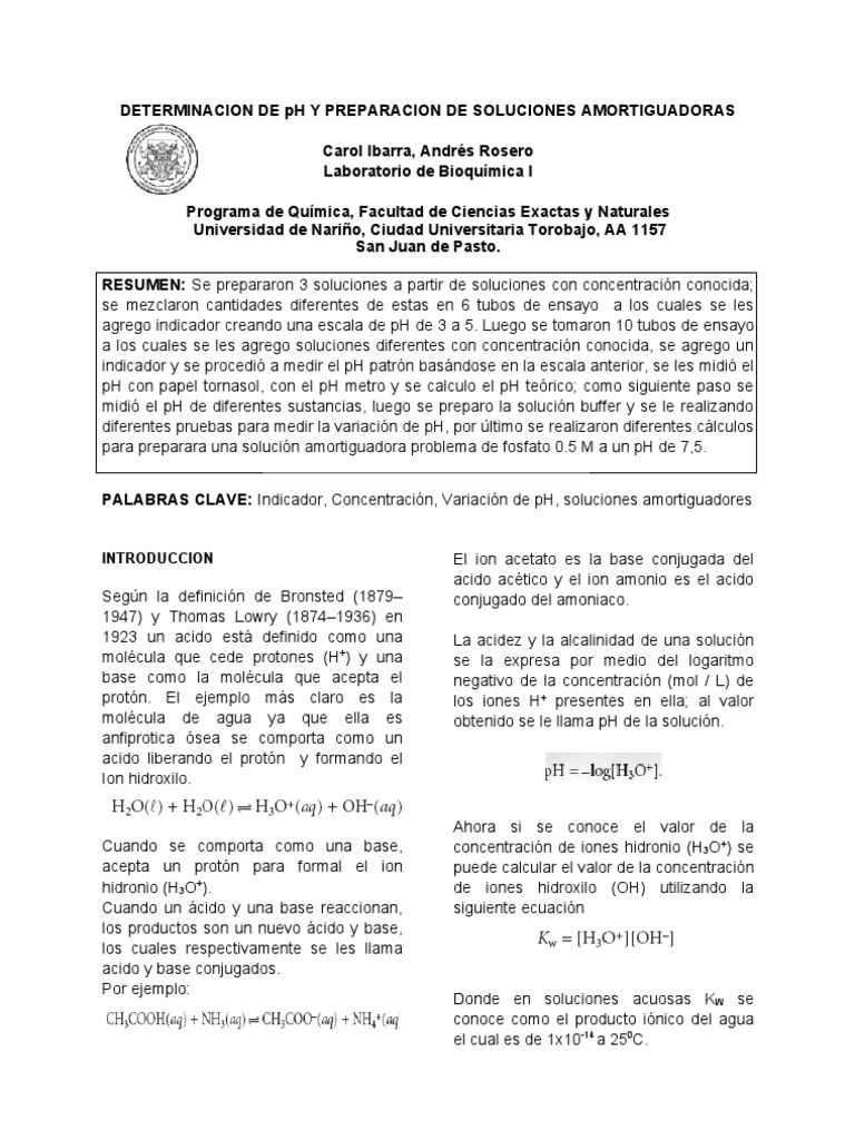 DETERMINACION DE PH Y PREPARACION DE SOLUCIONES AMORTIGUADORAS | PDF | Ph | Ácido