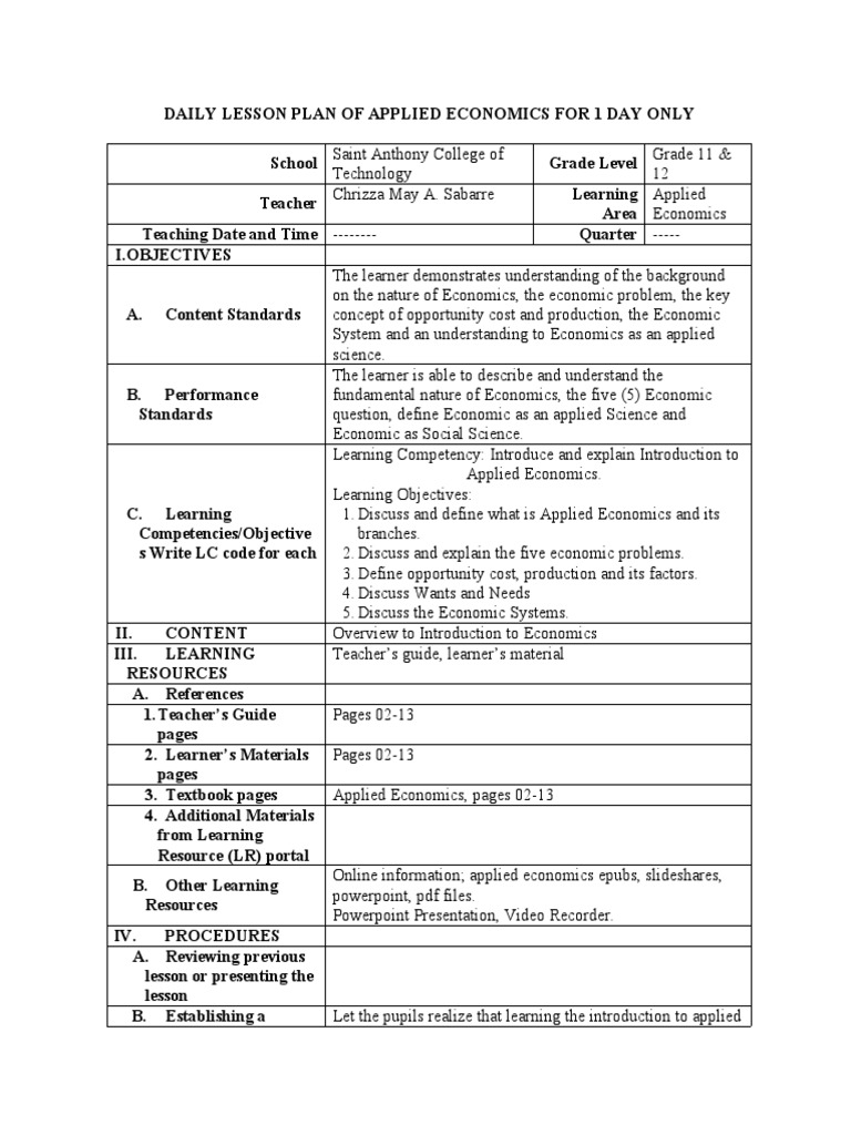 Applied Economics Lesson Plan for Grades 11-12 | PDF | Economics | Learning