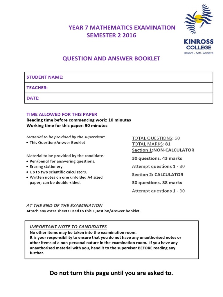 Year 7 Maths Exam Sem 2 2016 | PDF | Area | Length