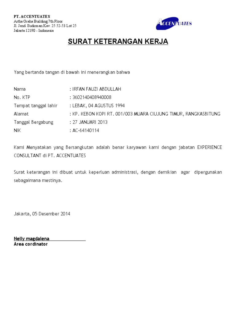 Surat Keterangan Kerja | PDF