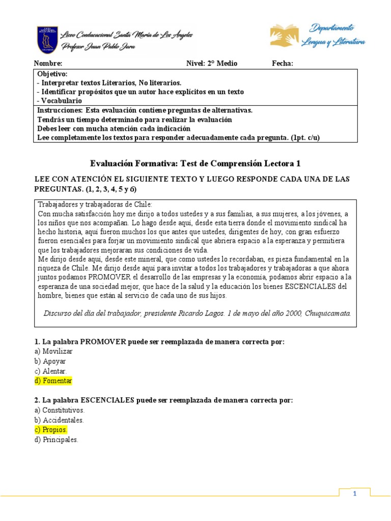 Evaluación de Comprensión Lectora 2° Medio | PDF | Comprensión lectora ...