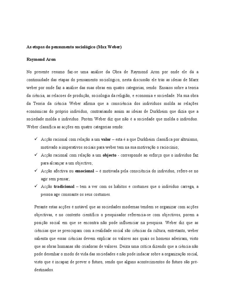 As principais ideias de Max Weber sobre a sociologia segundo a análise de Raymond Aron | PDF ...